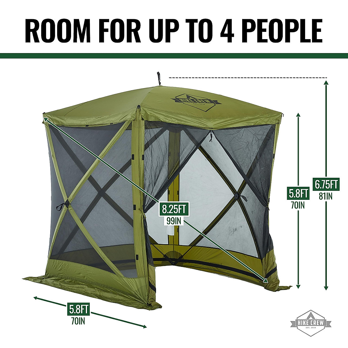 Hike Crew 6’ x 6’ Pop-Up Gazebo Screen Tent | Screened 4-Sided Instant Outdoor Canopy Shelter with Stakes, Ropes & Carry Bag for Camping, Sports & Picnic Table | UV Resistant SPF 50+