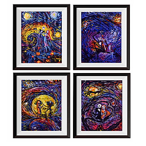 Uhomate 4 pcs Jack Sally Jack and Sally Nightmare Before Christmas Vincent Van Gogh Starry Night Posters Wall Art Wall Decor Bedroom Bathroom Artwork M038 (8X10)