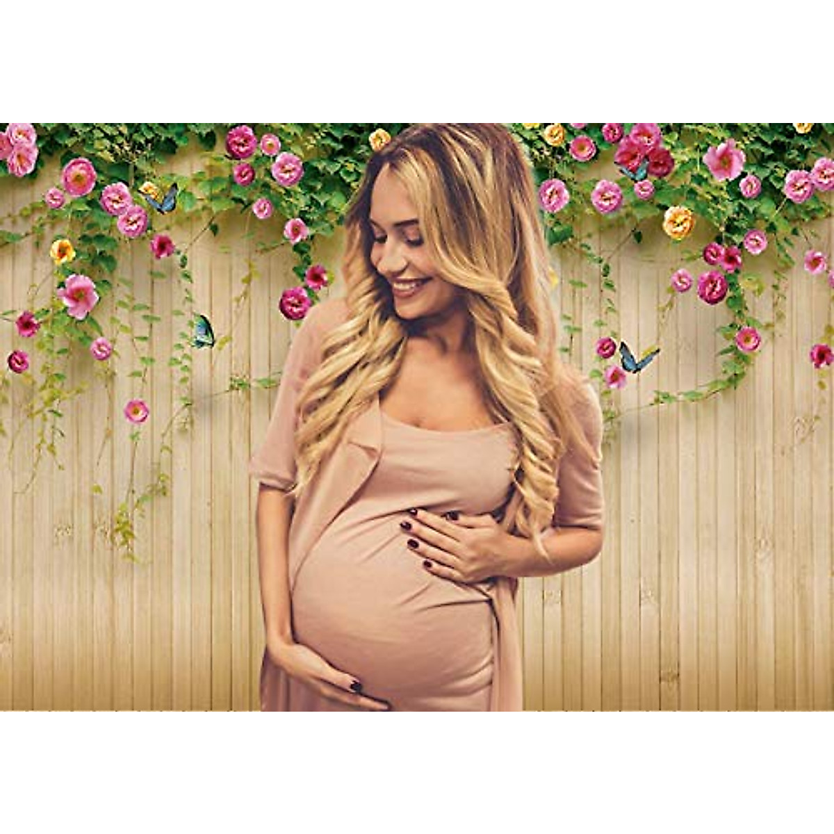 WOLADA 5x7FT Flower Wall Backdrop Spring Backdrop Spring Floral Photo Backdrop Brown Wood Plank Flower Wall Photography Backdrop Girl Birthday Party Wedding Shower Photography Background 8909