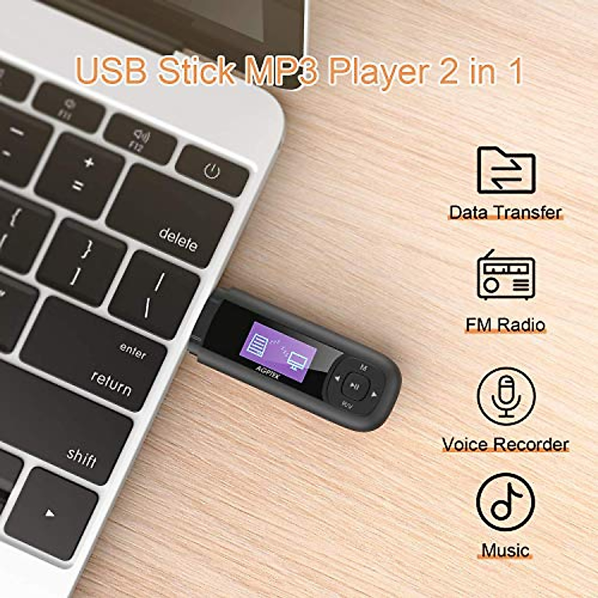 AGPTEK U3 USB Stick Mp3 Player, 8GB Music Player Supports Replaceable AAA Battery, Recording, FM Radio, Expandable Up to 64GB, Black