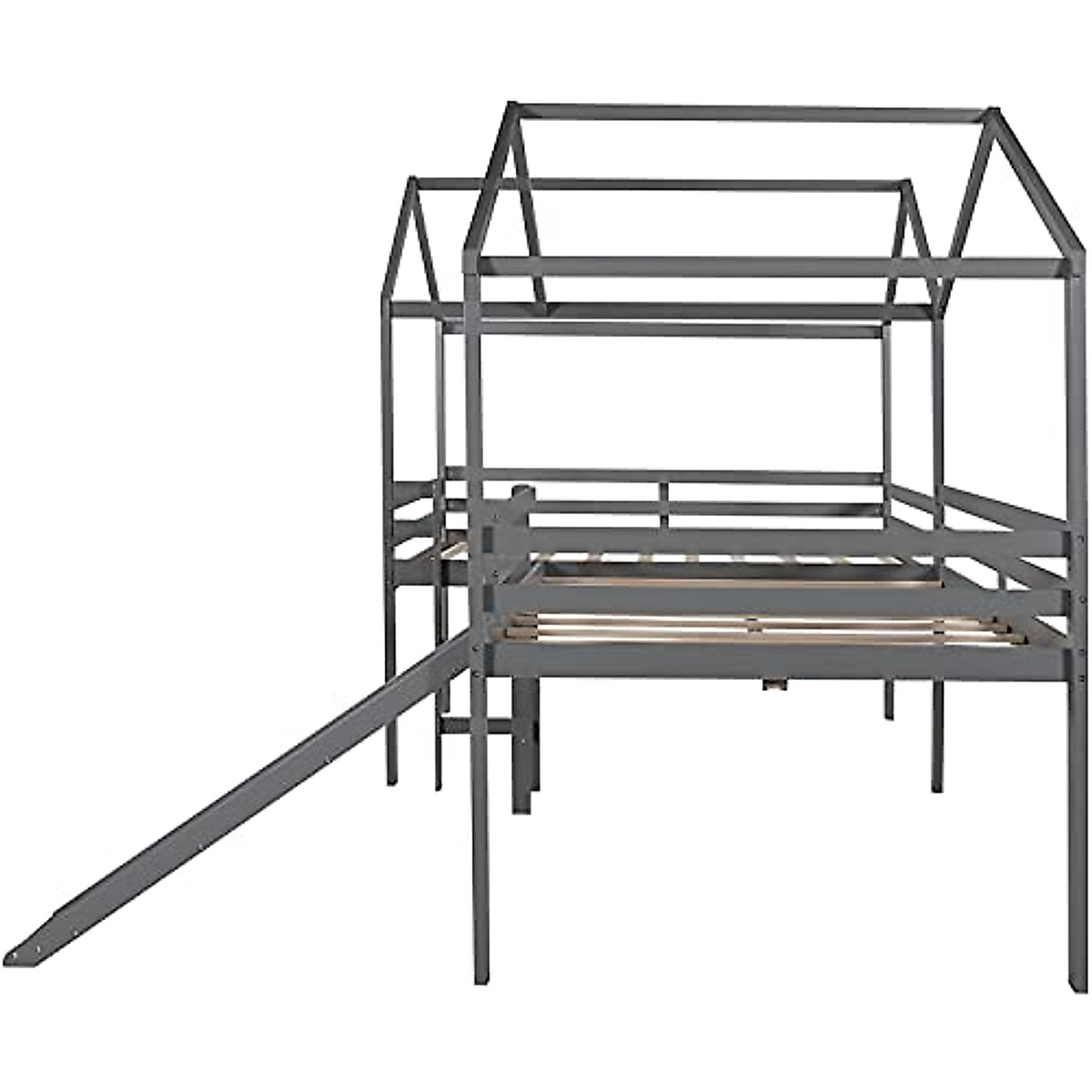 ATH-S L-Shape Loft Beds Full House Loft Bed with Slide Low Loft Bed Frame for 2, Wood Gray Playhouse Loft Bed for Girls Boys Teens (Color : Gray Full House Bed)