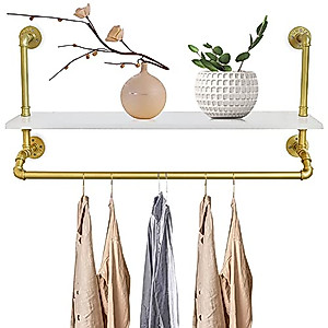 Floating Shelves Wall Mounted Gold Clothes Rack, Modern Wood Storage Shelf, Pipe Garment Rack with Shelves Closet Rods, Decor Wall Shelving for Bedroom, Bathroom, Bathroom, Kitchen, Living Room