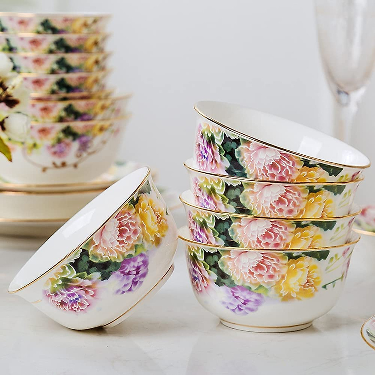Porcelain Dinner Set Luxury Ceramic Dinnerware Set, Phnom Penh Plates and Bowl Dishes Set, Flowers Underglaze Dinner Sets for Family Party, Service for 6-8