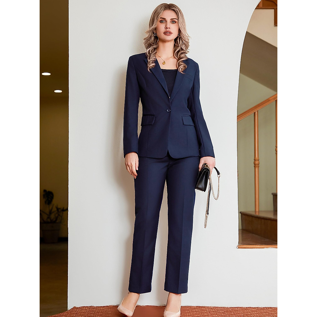 Kelyaa Women's 2 Piece Suit Notched Lapel One Button Slim Fit Business Office Work Tuxedo Blazer Pants Set Navy Blue