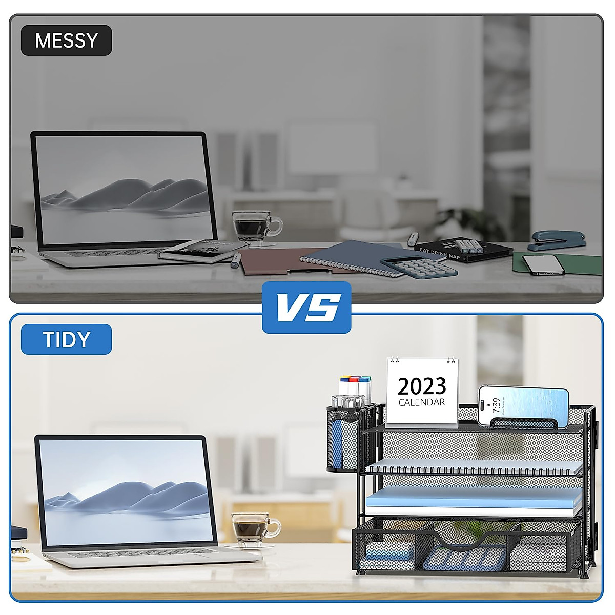 DALTACK 4-Trays Desktop File Organizer with Pen Holder，Letter Tray Paper Organizer with Drawer and Pen Holders, Black Mesh Office Supplies File Holder，Desk Organizer for Office School Home