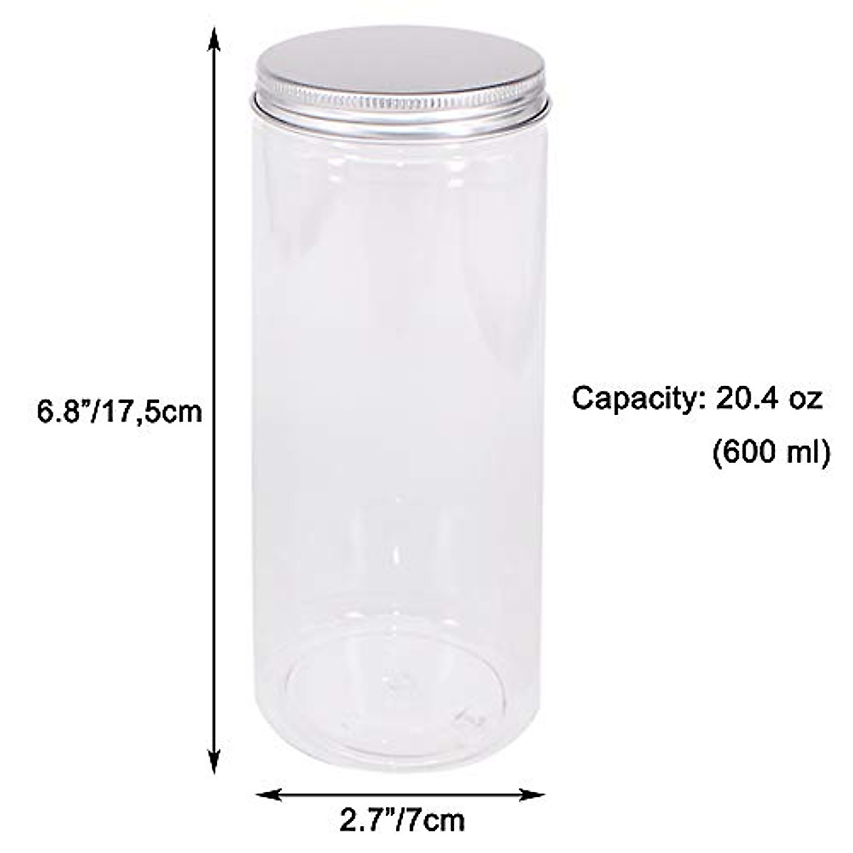 zmybcpack 8 Pack 20 oz (600 ml) Clear Straight Cylinders Plastic Storage Jars- Wide Opening Tubs with Aluminum Lids - BPA Free PET Container Home & Kitchen Storage of Dry Goods, Peanut, Candy