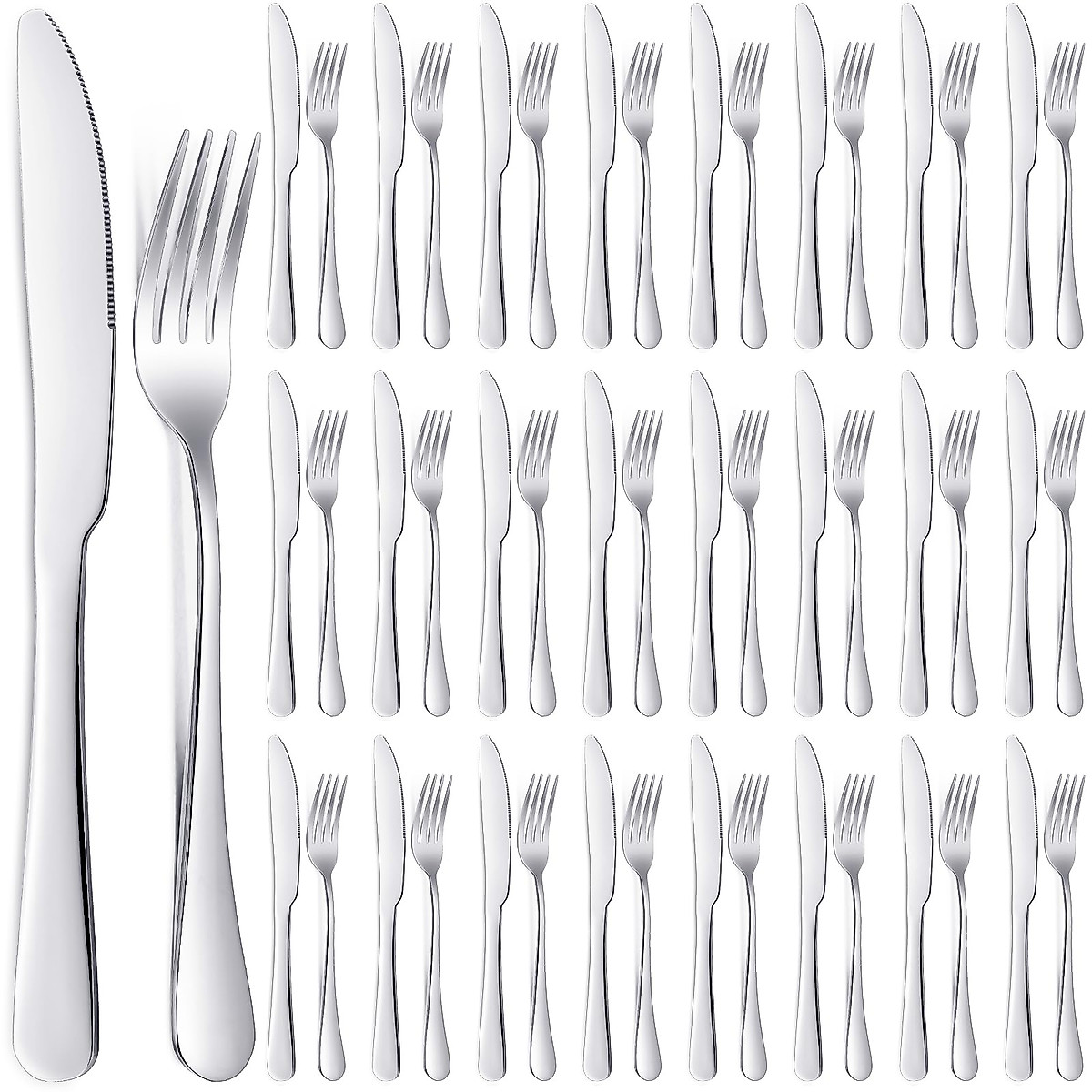 Nuenen 50 Pieces Stainless Steel Forks Silverware Set, Dinner Forks and Knives Flatware Set Christmas Tableware Cutlery Set for Kitchen Restaurant(8.07 x 0.94 Inch, 9.06 x 0.79 Inch,Shiny Silver)