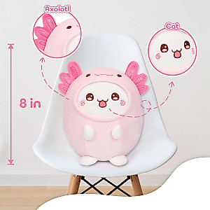 Mikchocho Cute Plush Axolotl Cat Stuffed Animal Pillow, 8" Soft Kawaii Kitten Plushie with Pink Axolotl Salamander Outfit Gift for Kids