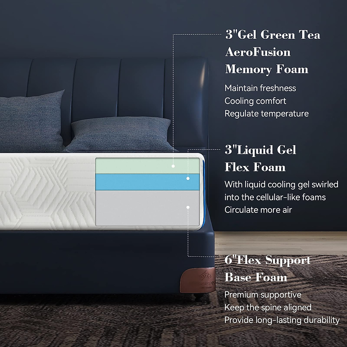 Vyfipt Queen Size Mattress, 12 Inch Green Tea Memory Foam Mattress, Made in USA, Bed in a Box, CertiPUR-US Certified, Medium Firm