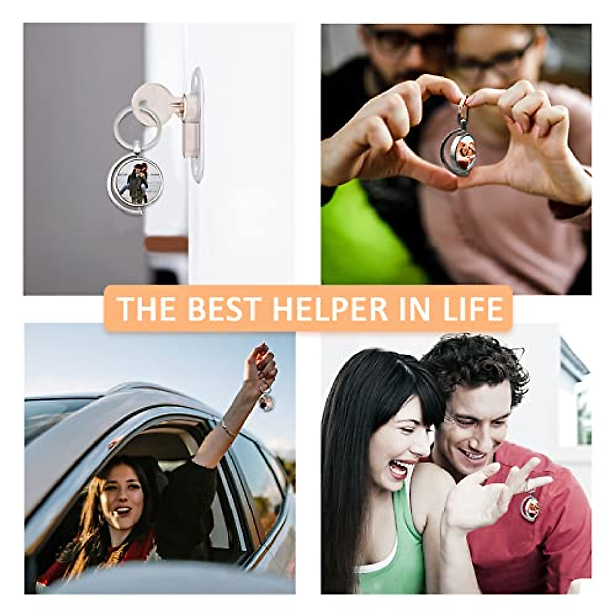 Personalized Custom Keychain with Picture - Turnable Double Sided Colorful Photo Key chains Memorial Gifts for Family Lover, Half Round - Silver