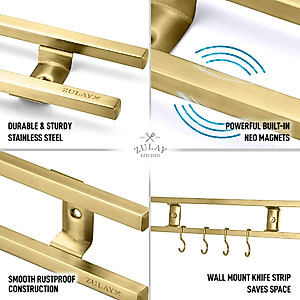 Zulay (12 Inch) Stainless Steel Magnetic Knife Holder For Wall - Powerful Knife Magnetic Strip With Extra Hanging Hooks - Wall Mount Magnetic Knife Strip & Organizer For Kitchen & Tools (Gold)