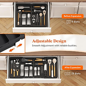 Lifewit Large Silverware Drawer Organizer, Expandable to 36 Inches Wide, BPA Free Plastic Utensil Tray for Kitchen, Adjustable Flatware and Cutlery Holder for Spoons Forks Knives, Black