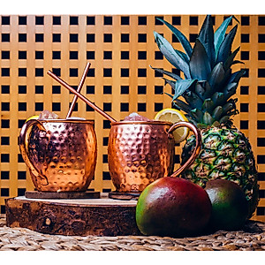 Moscow Mule Copper Mugs Set - 2 Authentic Handcrafted Copper Mugs (16 oz.), 2 Straws, 2 Solid Wood Coasters and Recipe Book - Gift Box Included