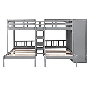 DEYOBED Full-Over-Twin-Twin Triple Bunk Bed with Large Wardrobe, Drawers and Shelves Storage, Wooden L-Shaped Bunk Beds with Mirror for Kids Teens Adults, Ideal Bedroom Furniture, Gray