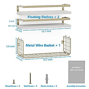 MZF Floating Shelves with Wire Storage Basket for Toilet Paper, Wall Decor for Bathroom/Living Room/Kitchen/Bedroom, (Gold-White-Gold) Shelves for Home Decor