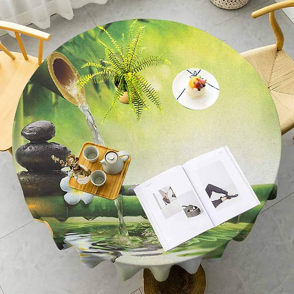 Spa Tablecloth - 60 Inch Multifunctional Round Tablecloth Meditation and Zen Picture of Bamboo Stalks Candle and Basalt Stones Theraphy Relaxing Foldable Multicolor