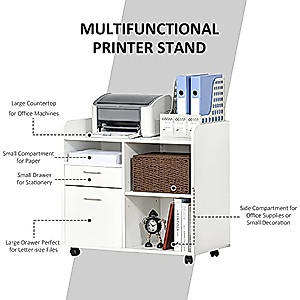 Vinsetto Filing Cabinet Printer Stand Mobile Lateral File Cabinet with 2 Drawers, 3 Open Storage Shelves for Home Office Organization, White