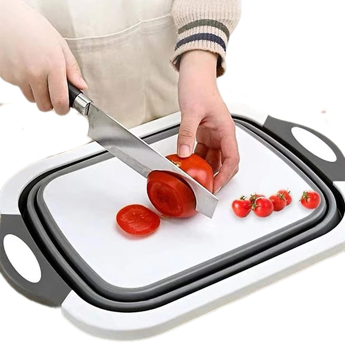 Collapsible Cutting Board with Wash Basin and Drainage Hole; BBQ Prep Tub and Camping Cutting Board; Space-Saving Collapsible Camping Dish Tub Sink RV and Camper Kitchen Must Have Accessory Grey