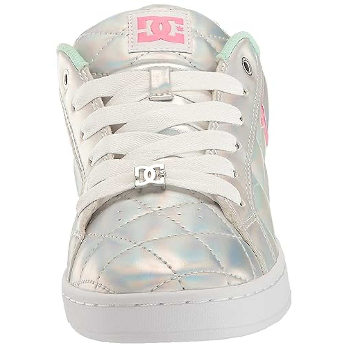 DC Women's Court Graffik SE Skate Shoe, White/Metallic Silver/Pink, 10.5