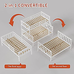 JOYMOR Convertible Twin Over Full Bunk Bed for Kids Children Teens Adults, Solid Wood Bunk Bed Frame with Ladder and Guard Rail Space Saving Beds Frames for Bedroom (Mattress not Included)