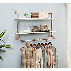 FOF FRIEND OF FAMILY Industrial Pipe Garment Rack with Double Tier shelves, Wall Mounted Clothes Rod for Clothing Storage, Rose Gold&White Color, 40" Wide