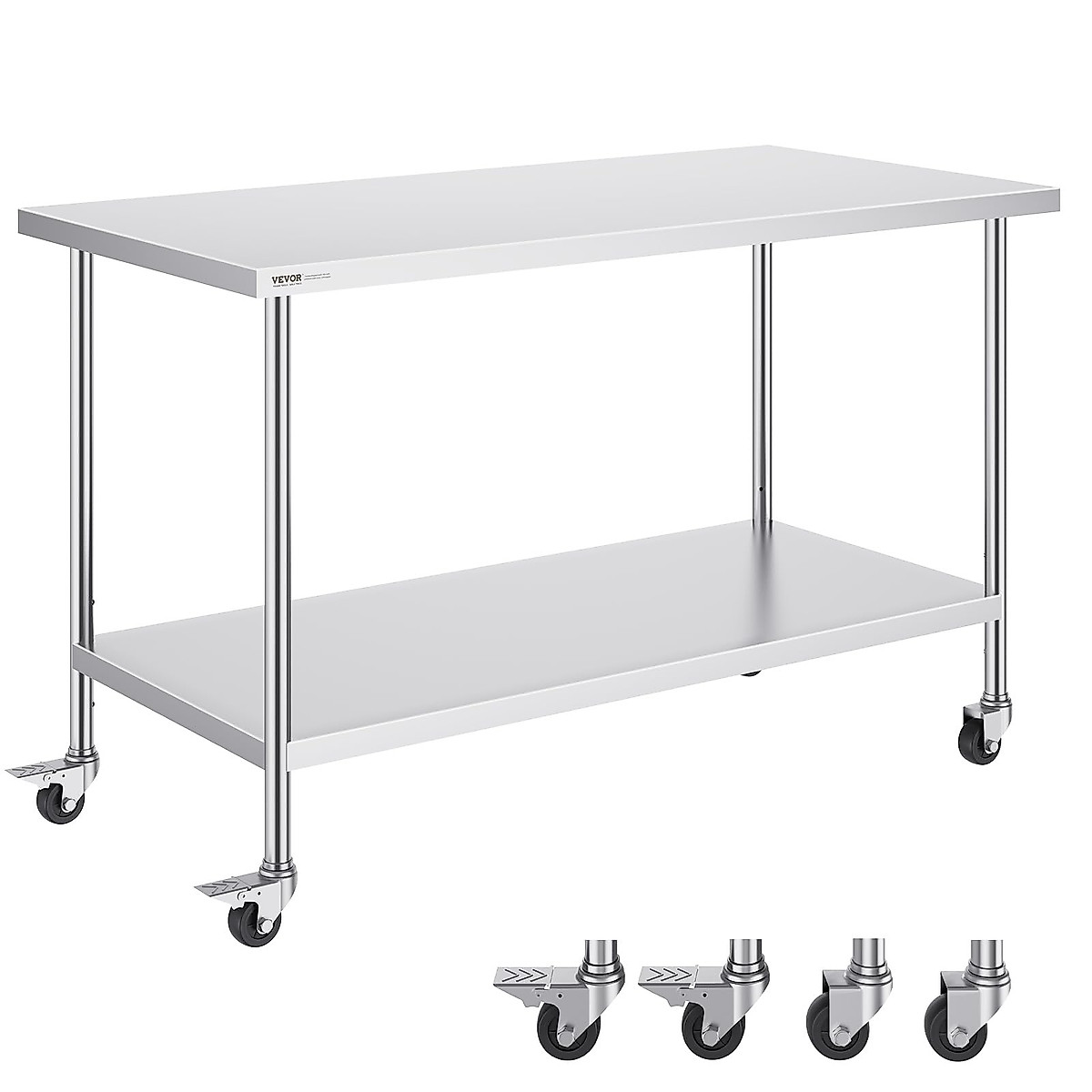 VEVOR Stainless Steel Work Table 30 x 60 x 38 Inch, with 4 Wheels, 3 Adjustable Height Levels, Heavy Duty Food Prep Worktable for Commercial Kitchen Restaurant, Silver