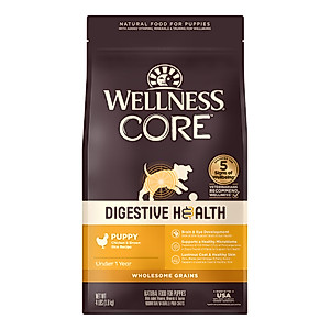 Wellness CORE Digestive Health Dry Puppy Food with Wholesome Grains, Highly Digestible, for Dogs with Sensitive Stomachs, Made in USA with Real Chicken (Puppy Under 1 Year, 4-Pound Bag)