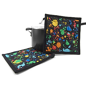 Colorful Hot Pads, Quilted Pot Holders - Color Splatters on Black Set of Two - 8 Inch Square