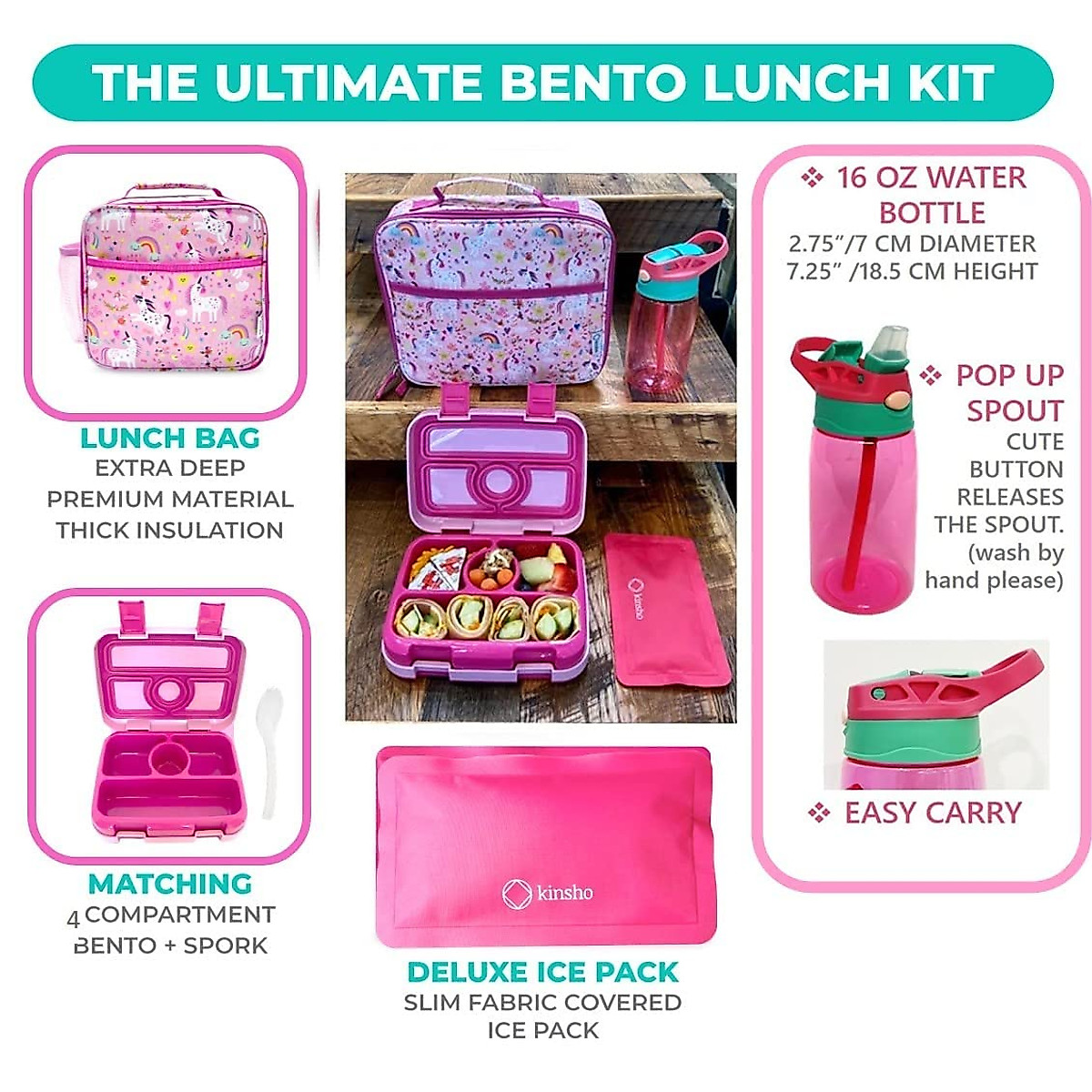 kinsho Bento Lunch Box with Insulated Bag and Water Bottle Set for Kids Toddlers, 4 Portion Sections, Removable Tray, Pre-School Girl Toddler Daycare Lunches, Snack Container, Pink Unicorn