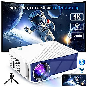 Projector with WiFi and Bluetooth, Native 1080P 4K Support Portable Outdoor Video Mini Projectors 12000L with Screen and Tripod for Home Theater Compatible with HDMI,USB,VGA,AV,iOS and Android Phone