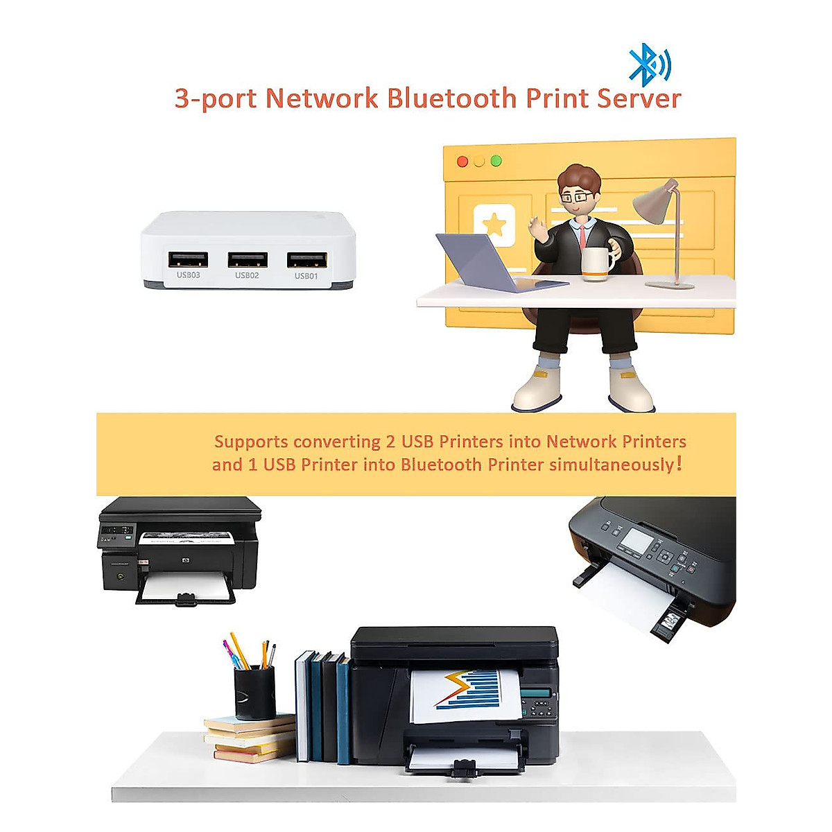 3-Port USB Blue~Tooth Network Print Server | Converts USB Printers to Wireless Network & Blue~Tooth Printers for Windows