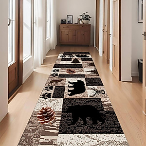 Puyosvr Rustic Lodge Runner Rug,2x7ft,Western Country Bear Elk Deer Wildlife Log Design,Forest Landscape Hunting Theme Rug,with Non Slip Backing Washable Rugs, Non Slip Pet Friendly Rug for Hallway