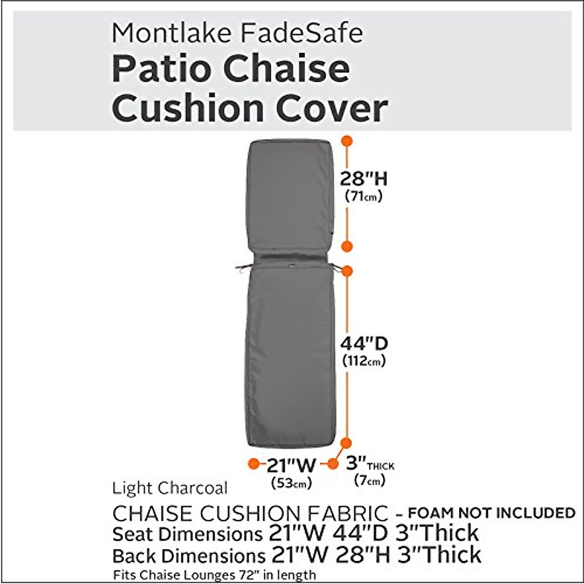 Classic Accessories Montlake FadeSafe Water-Resistant 72 x 21 x 3 Inch Outdoor Chaise Lounge Cushion Slip Cover, Patio Furniture Cushion Cover, Light Charcoal Grey, Patio Furniture Cushion Covers