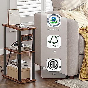 TUTOTAK Small Narrow Side Table with Charging Station, Set of 2 Skinny End Table for Small Spaces, Slim Nightstand with USB Ports and Outlet,Sofa Beside Table with Wheels, Brown TB01BB047