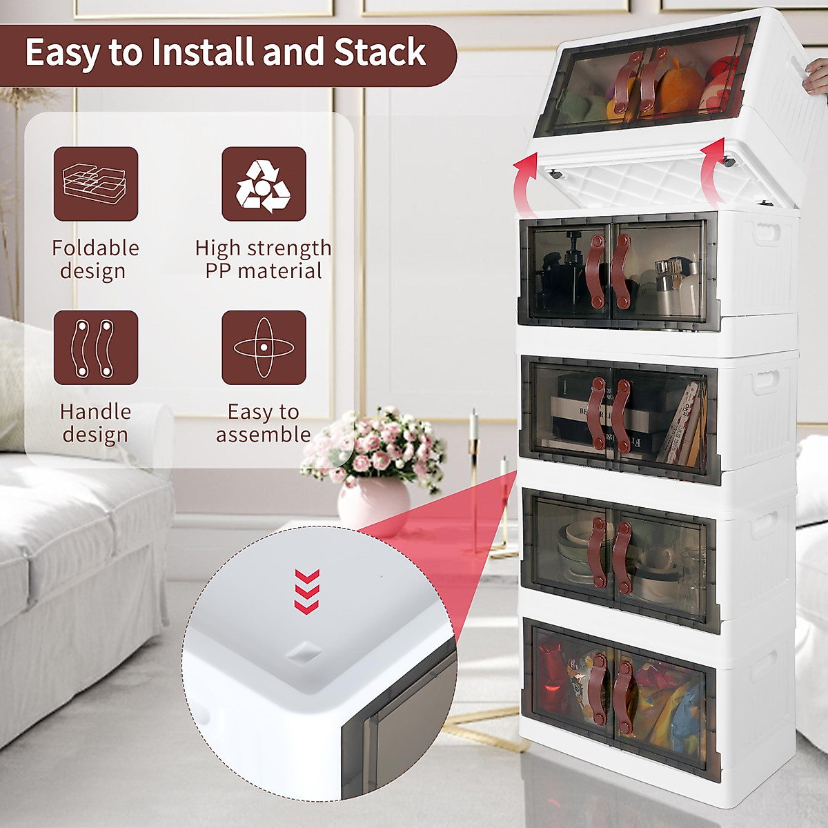 YSSOA Plastic Storage Bins with Lids, 50Gal-5 Tiers, White-Clear Brown Door