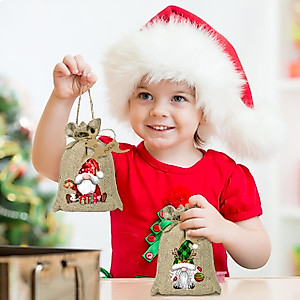 BORAMDO Christmas Burlap Gift Bags with Drawstrings 24Pcs, Watercolor 12 Designs Christmas Gnomes Linen Wrapping Bags, Small Christmas Treat Candy Bags for Holiday Party Favor Supplies…