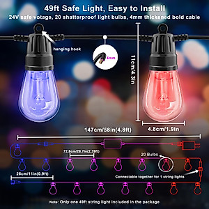 YSJ Outdoor String Lights for Outside,49FT RGB Patio Lights Outdoor Waterproof with App & Remote,DIY Each Bulb Color Changing String Light with 20 Shatterproof Bulbs Dimmable for Balcony,Cafe,Backyard
