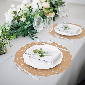 MCEAST 100 Pack Round Brown Kraft Paper Doilies 13.5 Inches Lace Paper Place Mats Rustic Scallop Doily Disposable Paper Table Pads for Food Cakes Crafts Party Weddings Tableware Decor