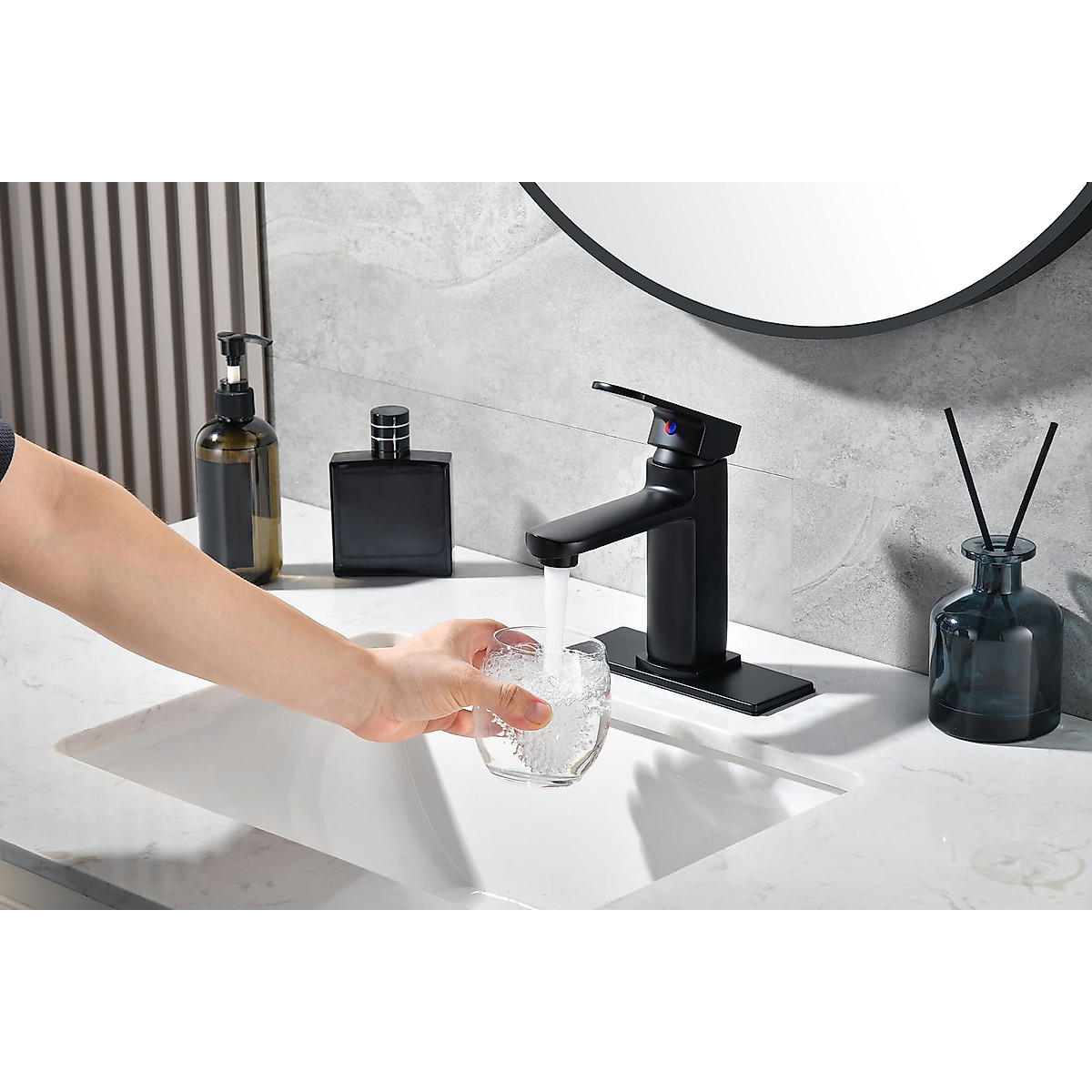 Derengge Bathroom Sink Faucet, Single Handle Bathroom Sink Faucet,1 Hole or 3 Hole Lavatory Vanity Faucet with Deck Plate,Pop up Drain and Water Supply Lines,Matte Black,GFL-0048-MT