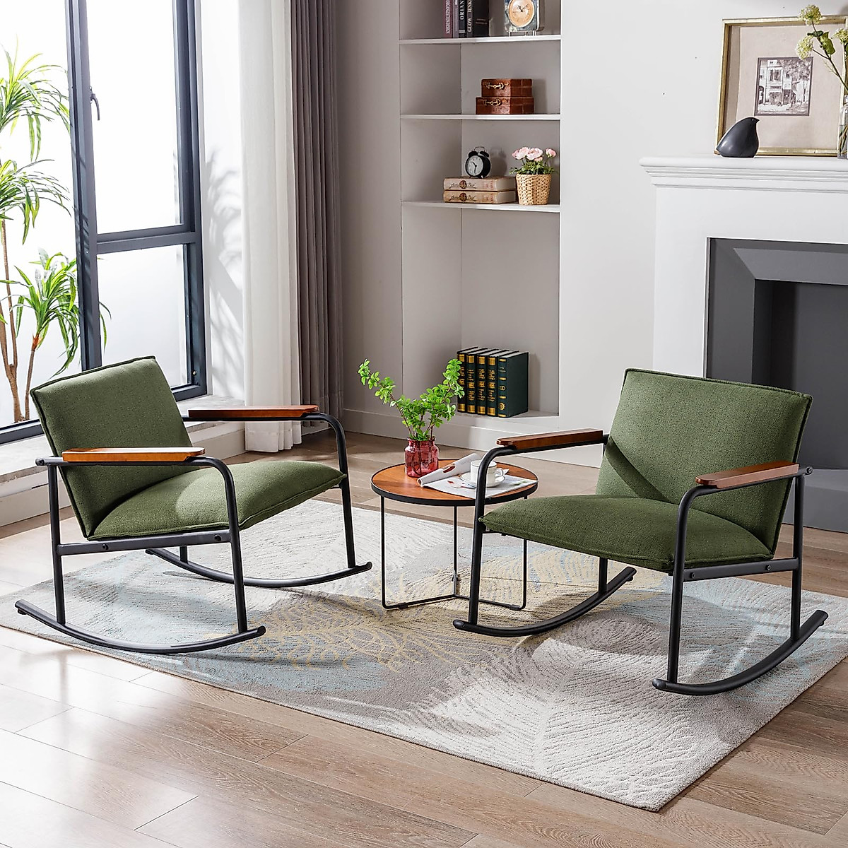 DUOMAY Modern Accent Rocking Chair, Mid Century Upholstered Glider Rocker Armchair with Metal Base Linen Fabric Nursery Glider Chair with Wooden Grips for Living Room Bedroom, Green