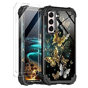 Miqala for Galaxy S21 FE 5G Case,Three Layer Heavy Duty Shockproof Hard Plastic Bumper +Soft Silicone Rubber Protective with 2 Screen Protector Cover for Samsung Galaxy S21 FE,Butterfly