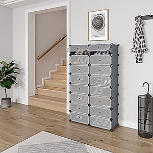 UNZIPE Shoe Rack Cabinet, 8-Tier Shoe Storage Organizer for Entryway, 16 Pairs Plastic Shoe Shelves with Door DIY Freestanding Shoes Tower with Covered for Closet Bedroom Hallway Garage, Dark Grey