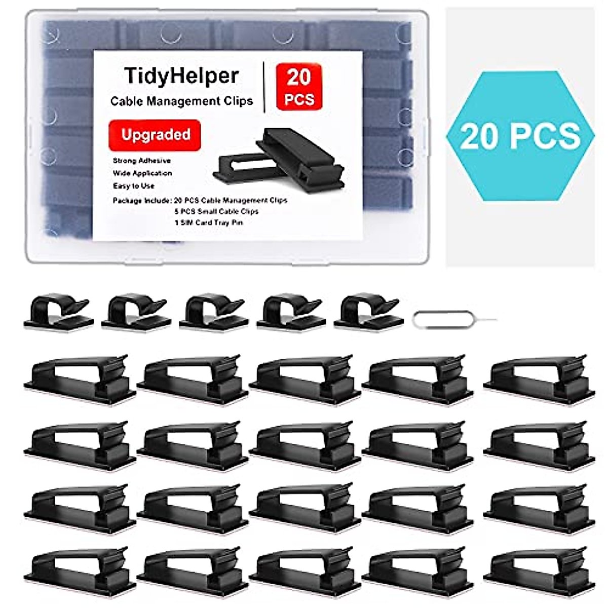 TidyHelper Cable Management Clips, Large Clips for Under Desk Wire Management, Adhesive Organizer Multiple Cord (Computer/PC, Network, TV, Ethernet, Electric Wires) Black 20 PCS