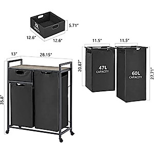 CUANBOZAM Laundry Hamper Cart, 130L Laundry Basket Laundry Sorter 2 Section, Removable Laundry Bags, Pull-Out Laundry Sorter, Metal Frame, Clothes Hamper for Bathroom, Dorm, Laundry Room