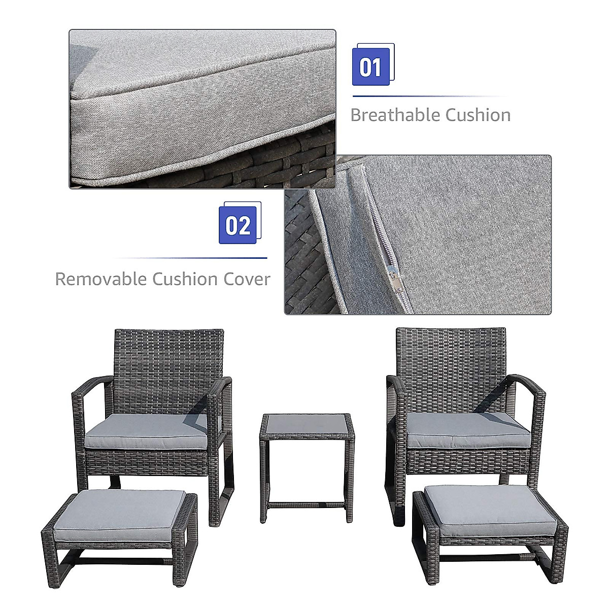 Patiorama 5 Piece Outdoor Patio Wicker Furniture Set, All Weather PE Rattan Chair and Ottoman Footstool Set, W/Coffee Table, Cushions (Light Grey) for Garden, Balcony, Porch, Space Saving Design