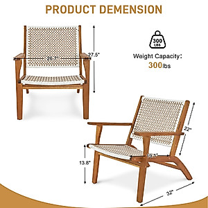 Outvita Natural Stain Outdoor Chair, Mid Century Modern Accent Armchair, Reading Lounge Chair with Ecru Handwoven Rope and Solid Acacia Wood Frame for Bedroom Patio Balcony Indoor