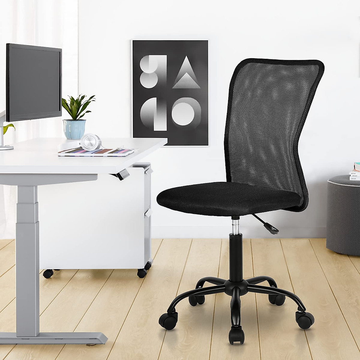 Home Office Chairs Small Desk Chair Armless Computer Chairs with Wheels Task Office Chair Kids Desk Stool Sewing Chair No Arms Swivel Rolling Chairs for Teens Adults, Black