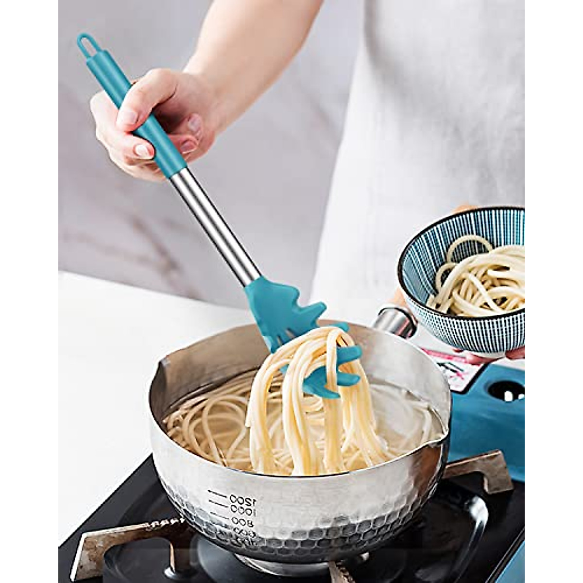 Pack of 2 Silicone Pasta Fork, Kitchen Heat Resistant Noodle Spoon Server, BPA Free Spaghetti Strainer,Best Cooking Tools (Gray-Blue)