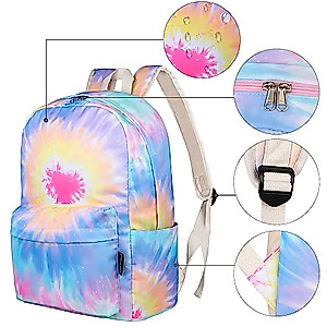 DUPHLAGT Backpack for Girls Boys, Water Resistant Causal Kids Backpack with Lunch Box, Pencil Case, Lightweight Daypack School Bag for Elementary Teen Girls (Tie-dye Heart Yellow)