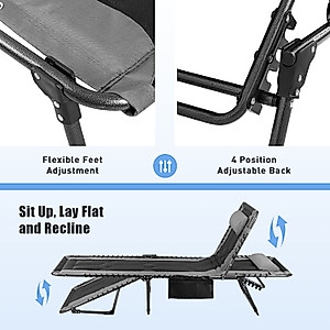 Flamaker Folding Chaise Lounge Outdoor Portable Lounge Chairs 4-Position Adjustable Camping Lounge Chair with Pillow & Side Bag Lightweight Recliner Sunbathing Chair for Pool Beach Deck (Grey)